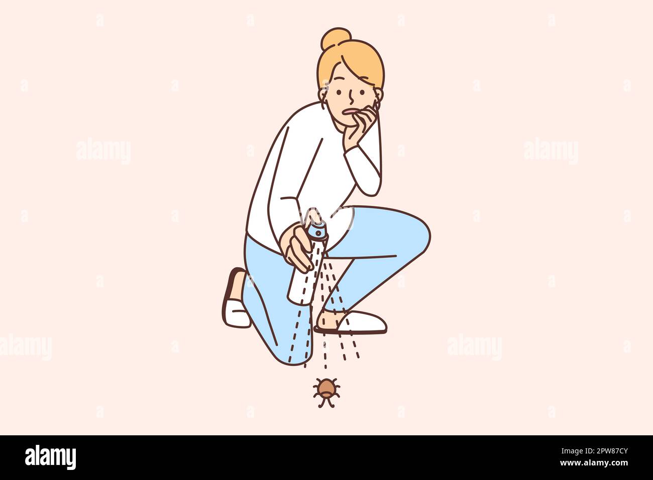Scared woman spray at insect with chemicals at home. Anxious female use ...