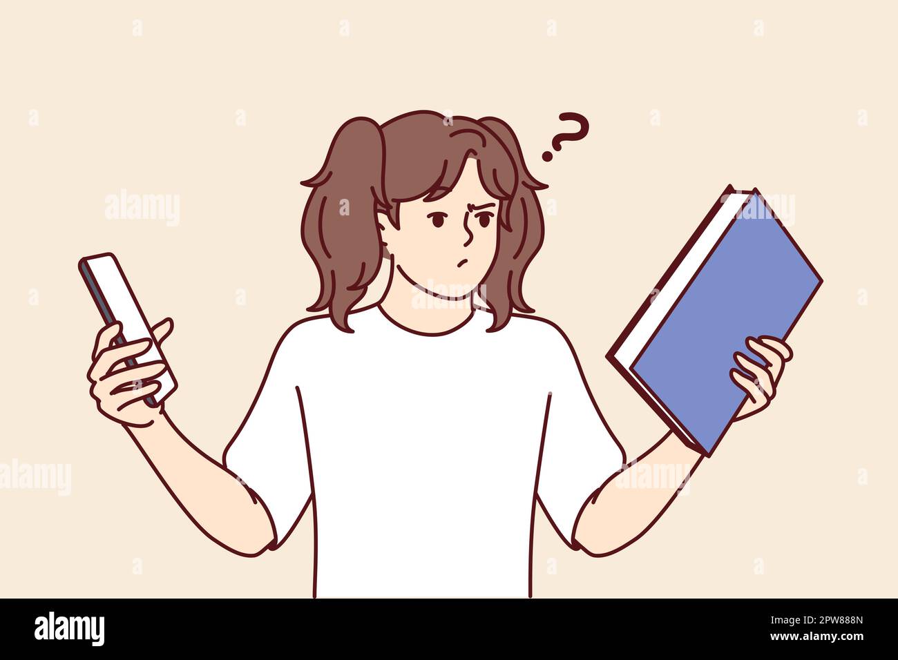 Teenage girl choose between book and phone to read favorite art story ...