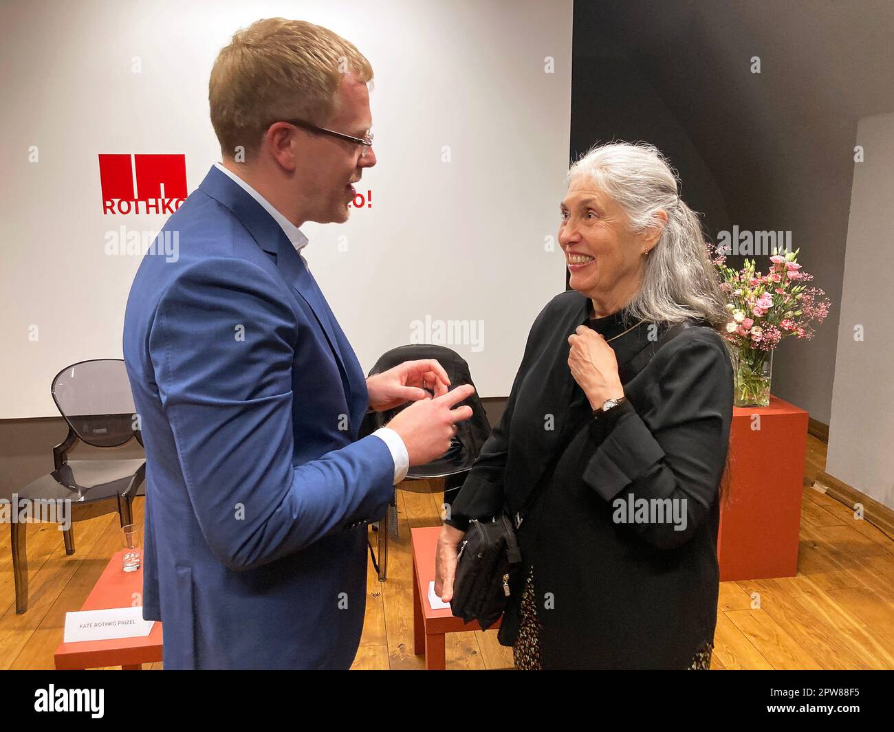 Daugavpils, Latvia. 27th Apr, 2023. Andris Elknins (l), mayor of ...