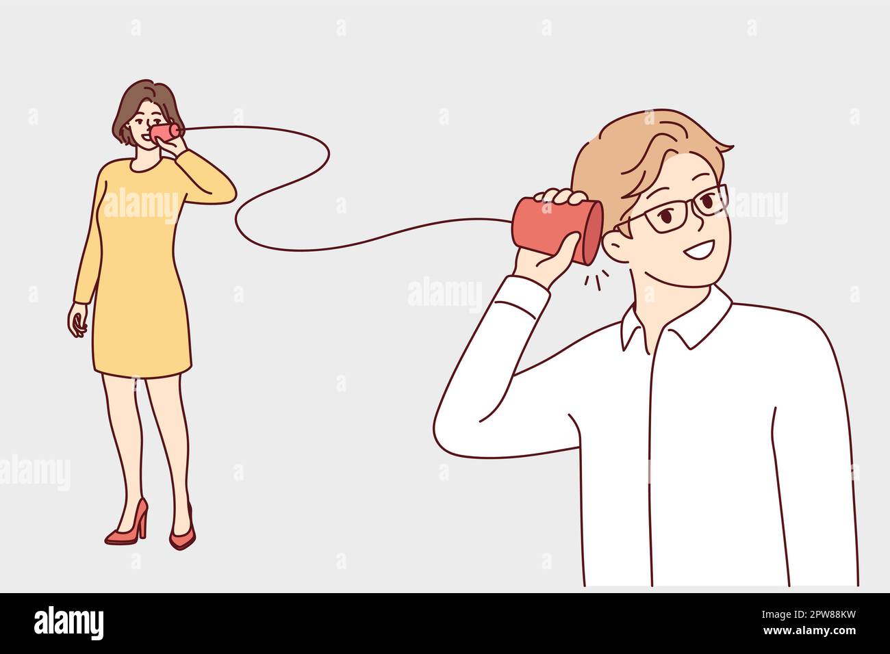 Man and woman are talking using homemade phone made from rope and cups ...