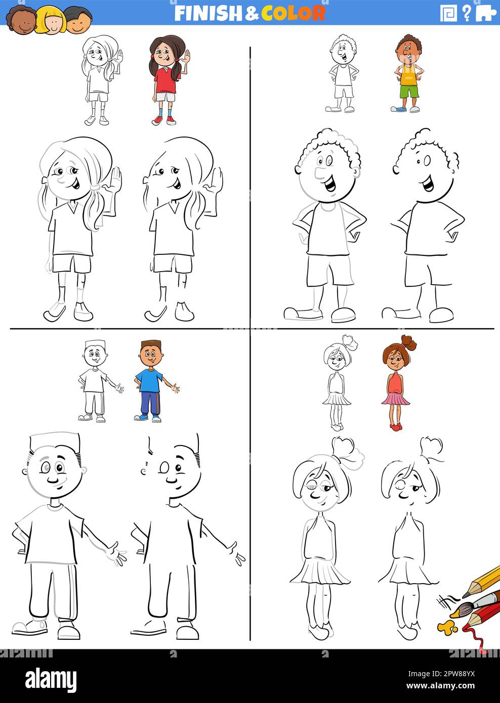 drawing and coloring worksheets set with comic children Stock Vector ...