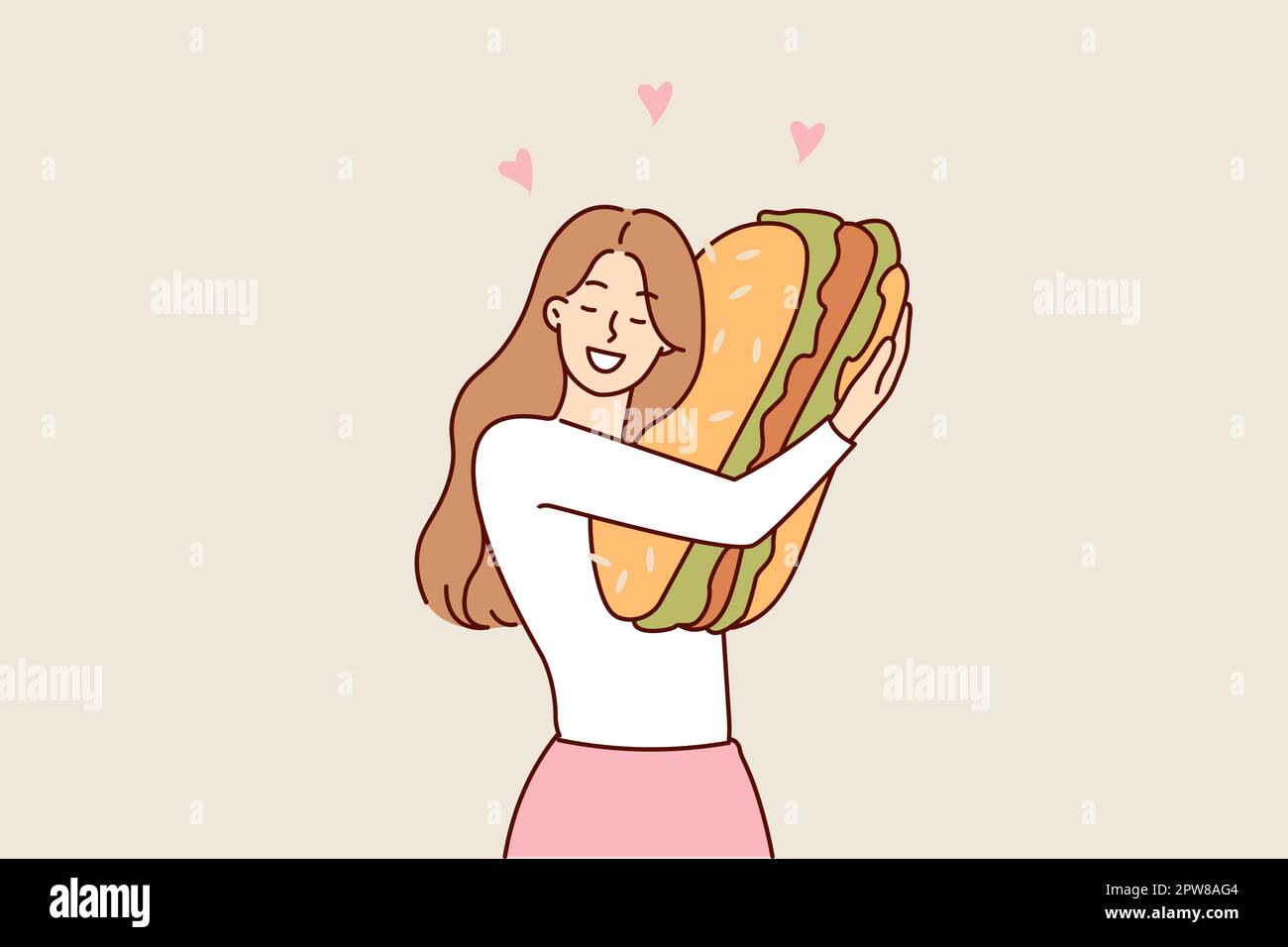 Happy woman hugging giant hamburger missing fast food after long diet ...