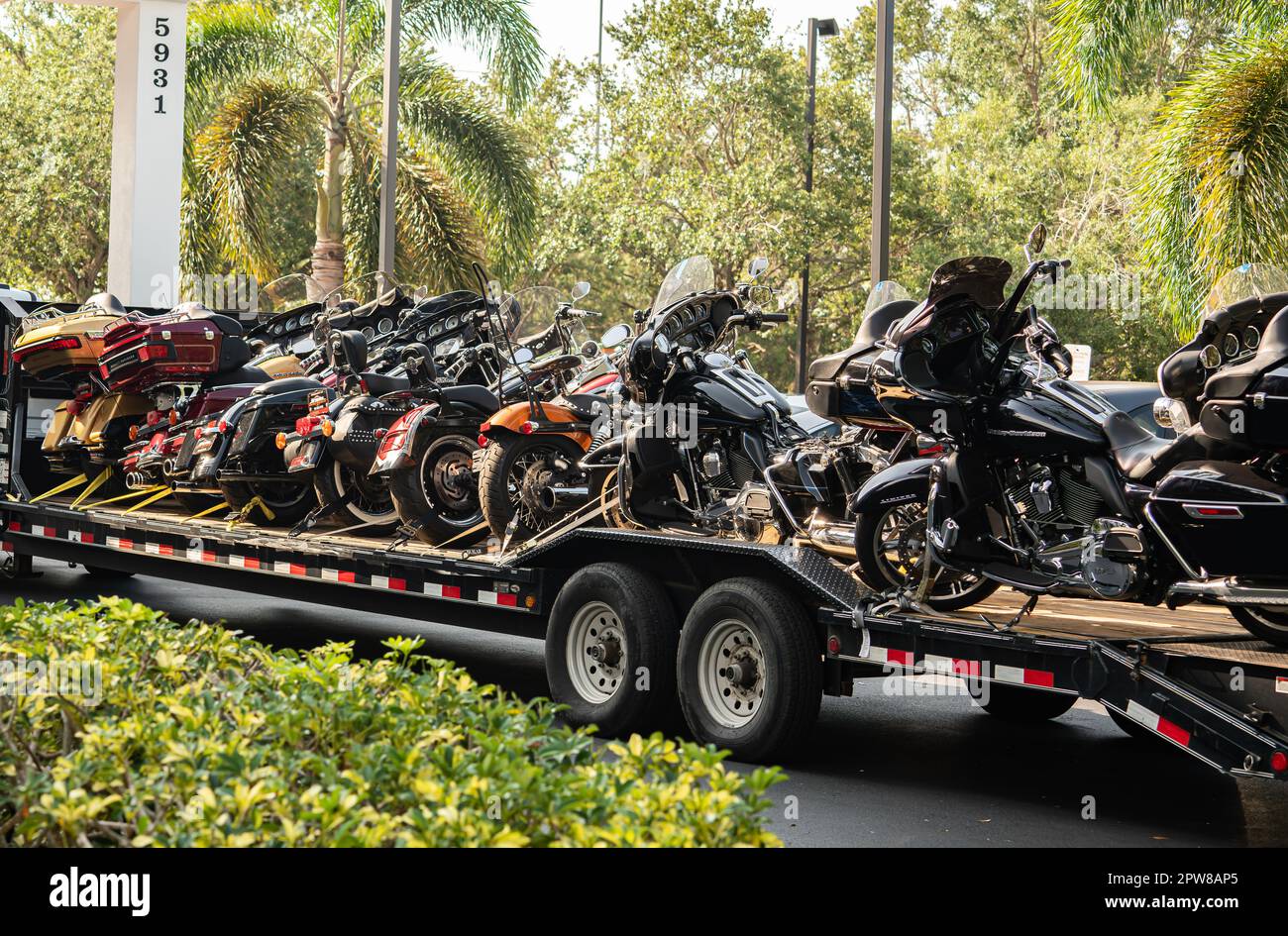 Sarasota, Florida, USA - April 24, 2023: Truck Platform with bunch of the Harley-Davidson bikes ...