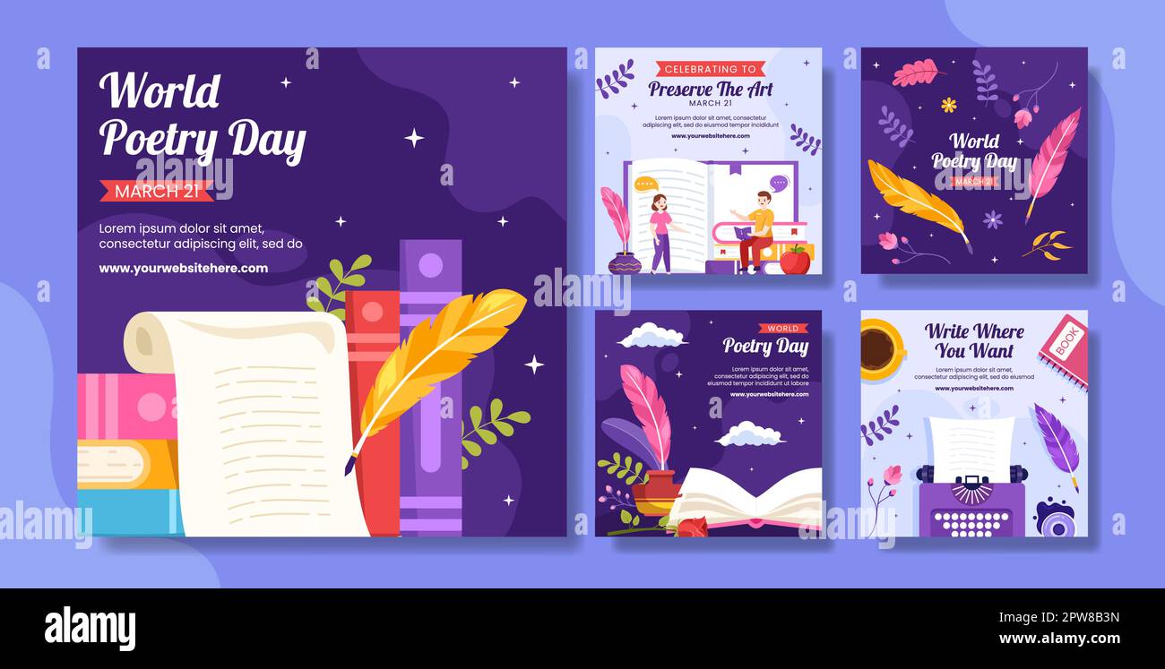 World Poetry Day Social Media Post with Paper and Quill Flat Cartoon ...