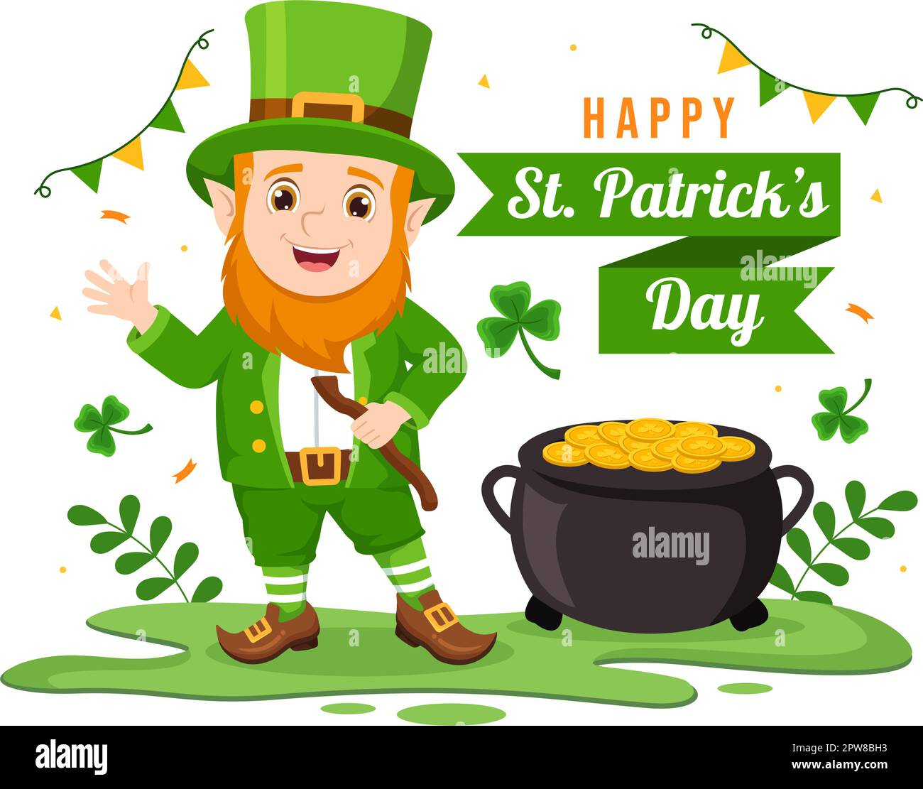 Happy St Patricks Day Illustration with Kids, Golden Coins, Green Hat, Leprechauns and Shamrock ...
