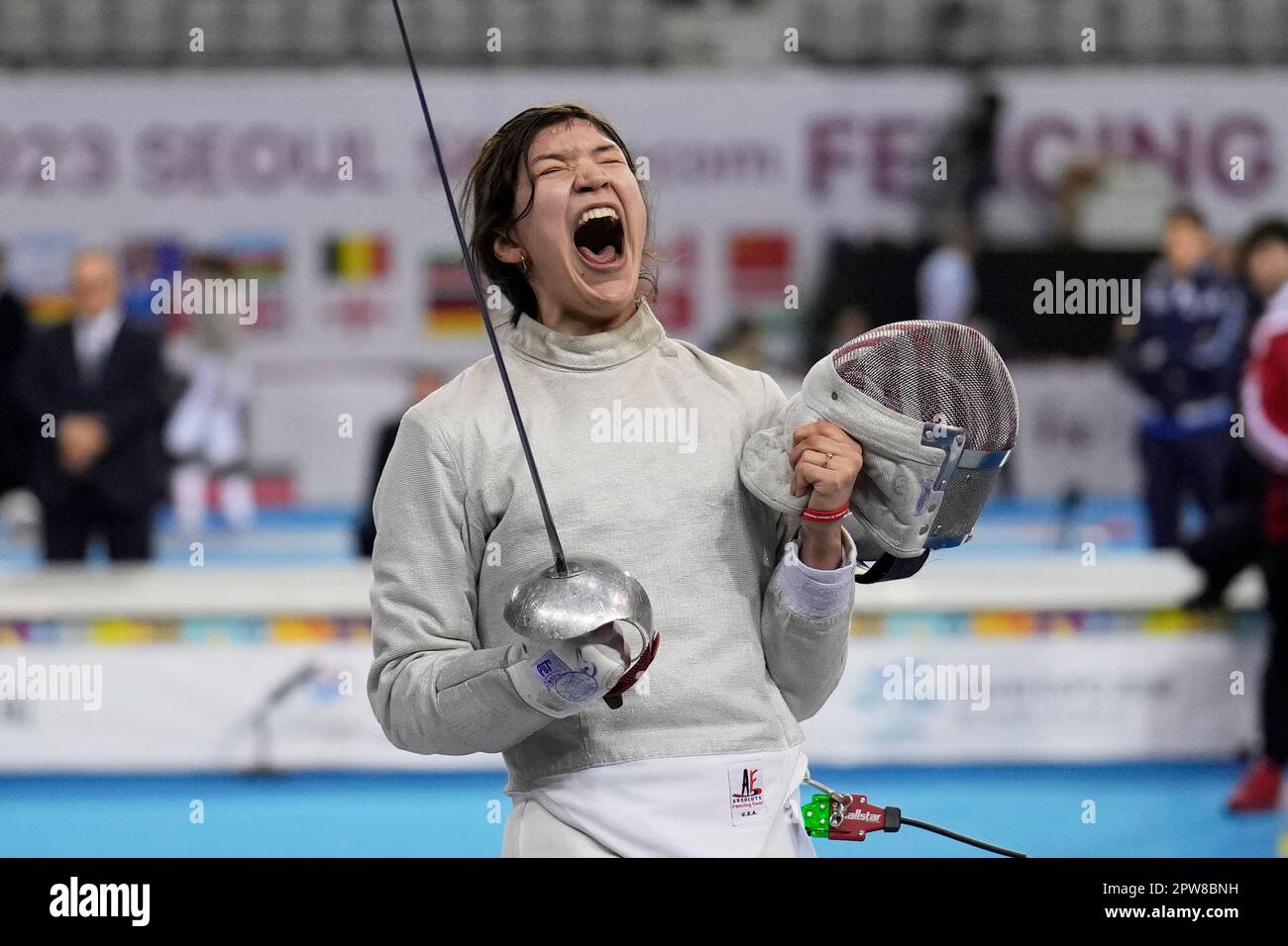 Lola Possick of the United States reacts after defeating Despina ...