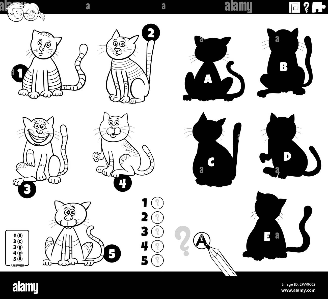 shadows game with cats animal characters coloring page Stock Vector ...