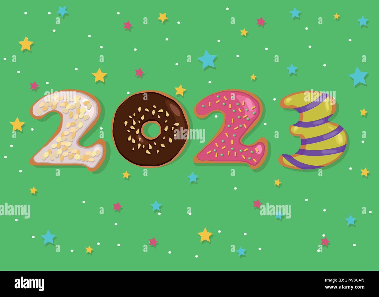 Colorful Donuts Number 2023. Green background with confetti. Vector ...