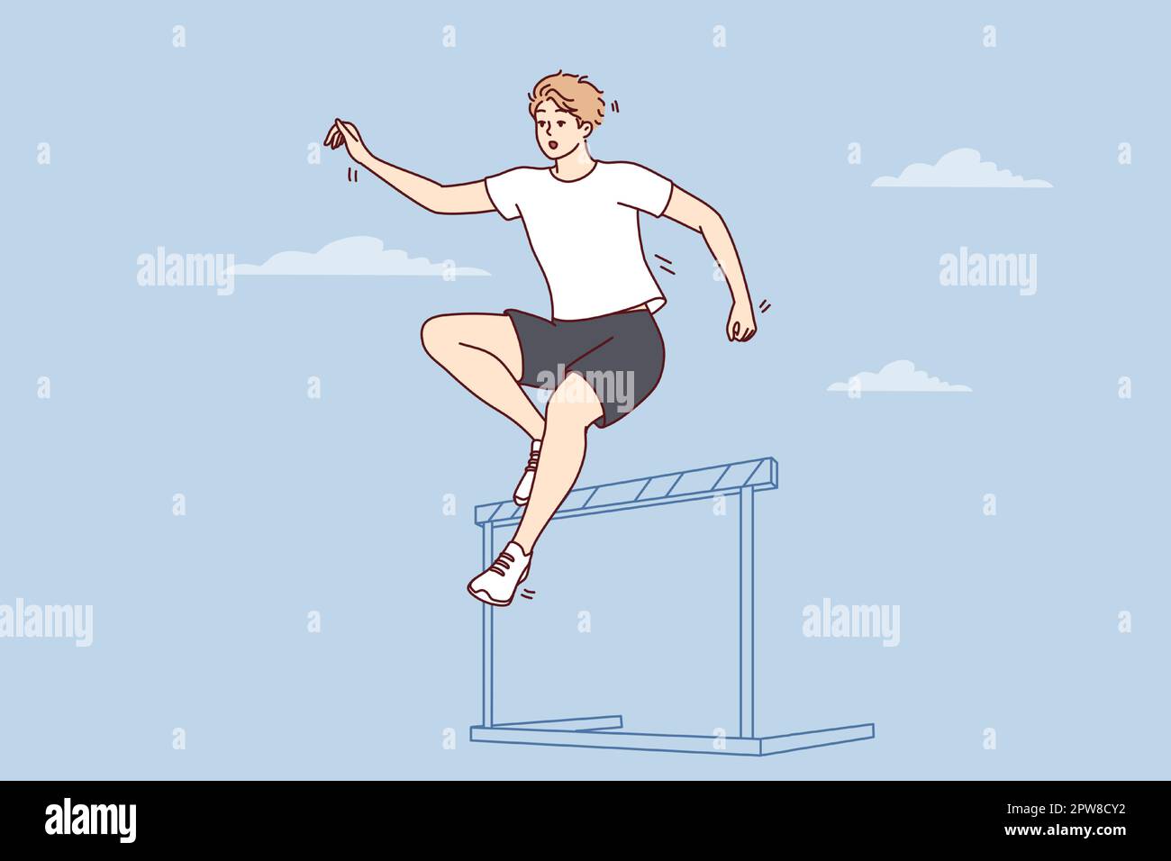 Male athlete running up jumps over barrier during important competition ...