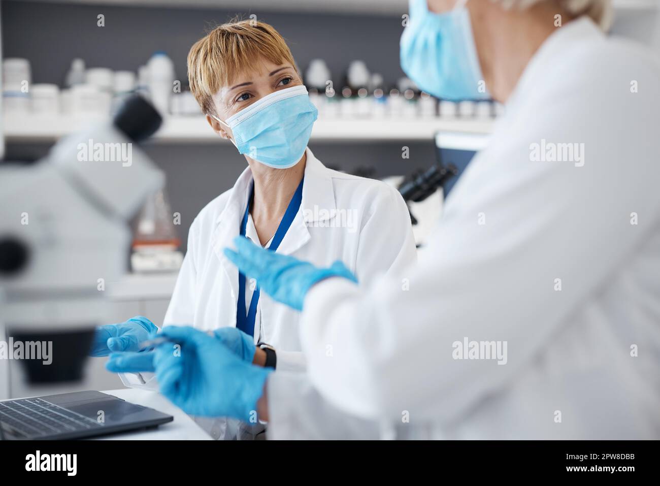 Science, talking and women in laboratory for research, investigation or ...