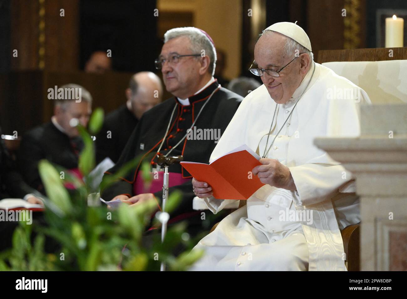 Budapest, Hungary. 28th Apr, 2023. Pope Francis attends a meeting with ...