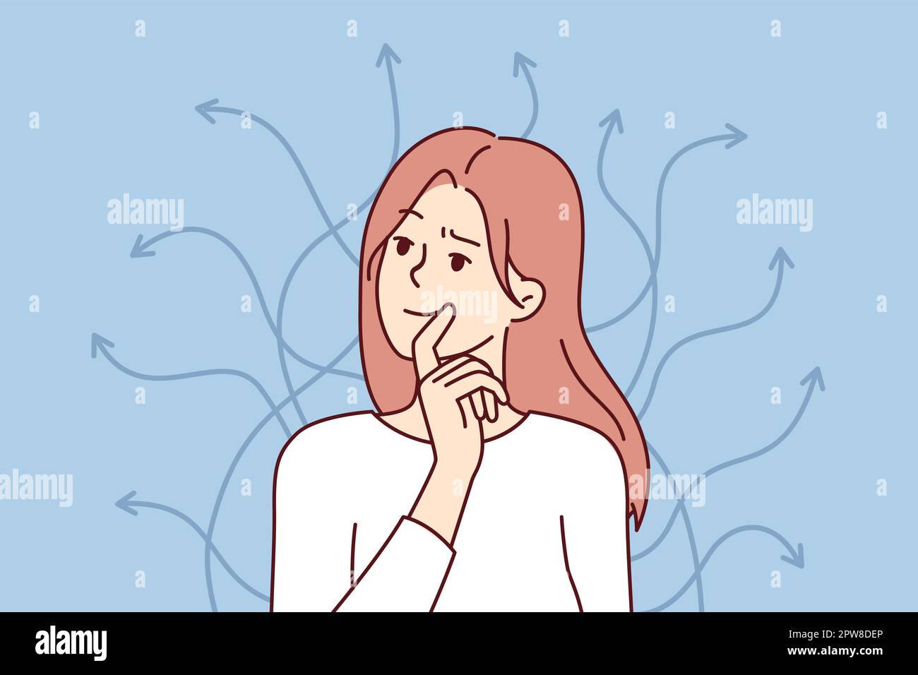 Smart woman touches lips standing near arrows pointing in different ...