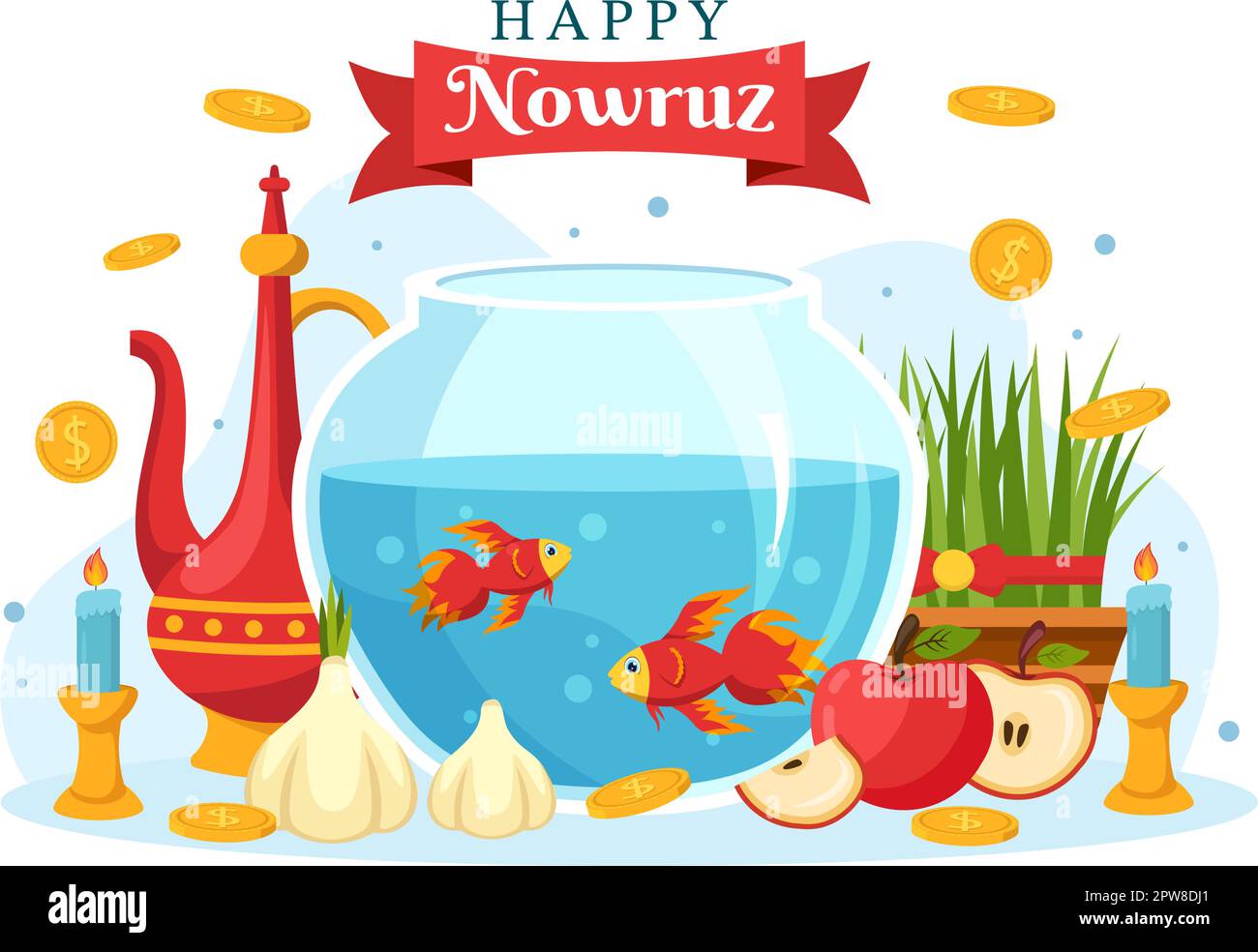 Happy Nowruz Day or Iranian New Year Illustration with Grass Semeni and ...