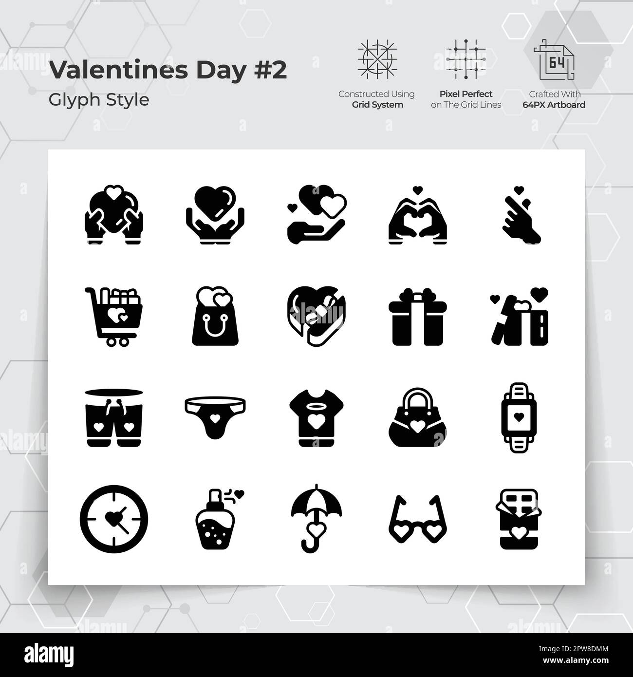 Valentine's day icon set in glyph black fill style with gifts and fall in love themed. A ...