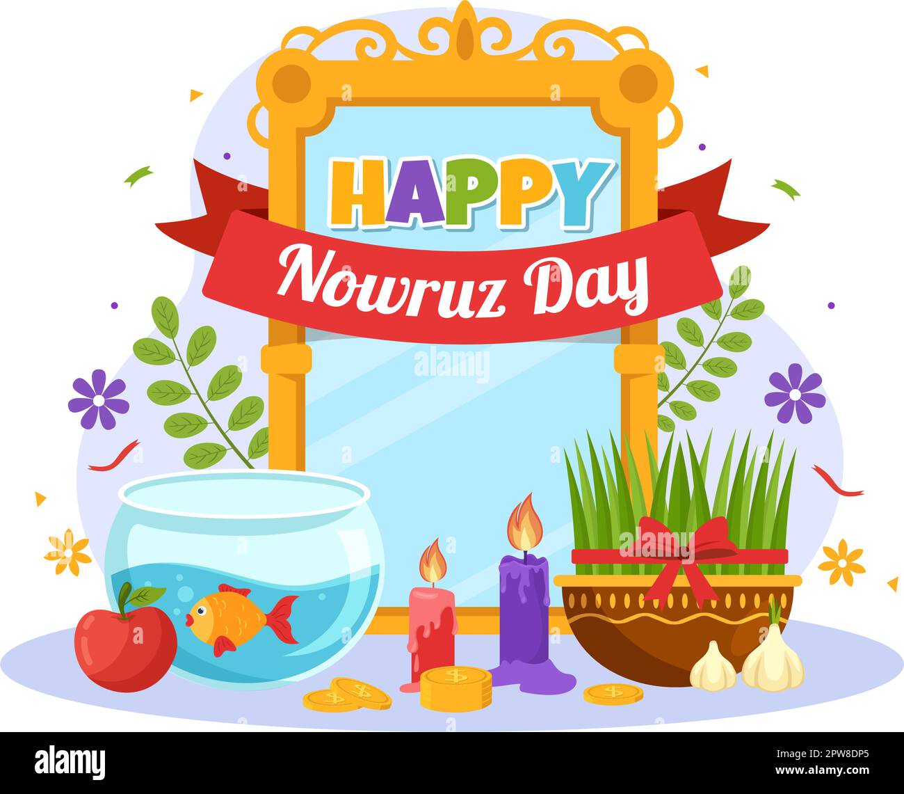 Happy Nowruz Day or Iranian New Year Illustration with Grass Semeni and ...