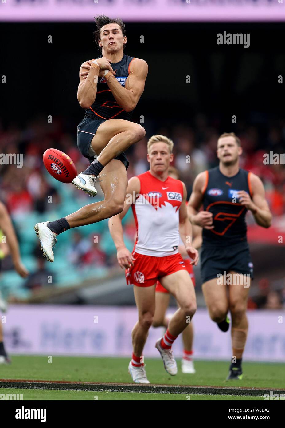 Isaac Cumming of the Giants attempts to mark the ball during the AFL ...
