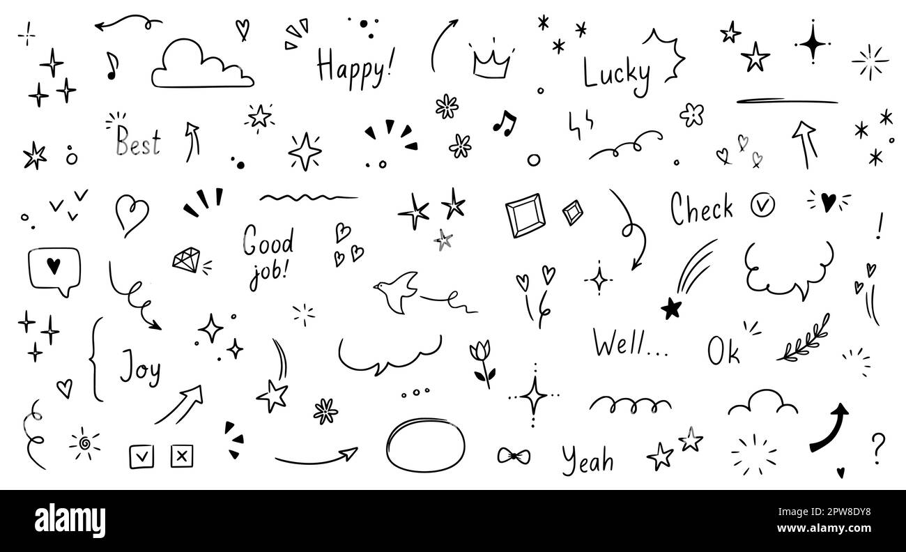 Doodle cute glitter pen line elements. Doodle heart, arrow, star ...