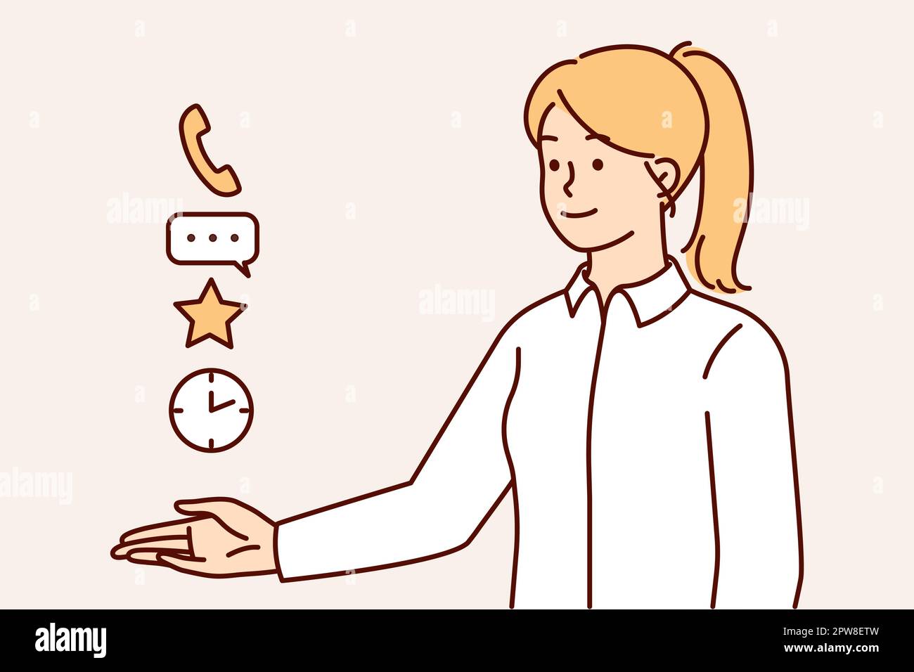 Successful business woman stretching hand forward looking at symbols of ...