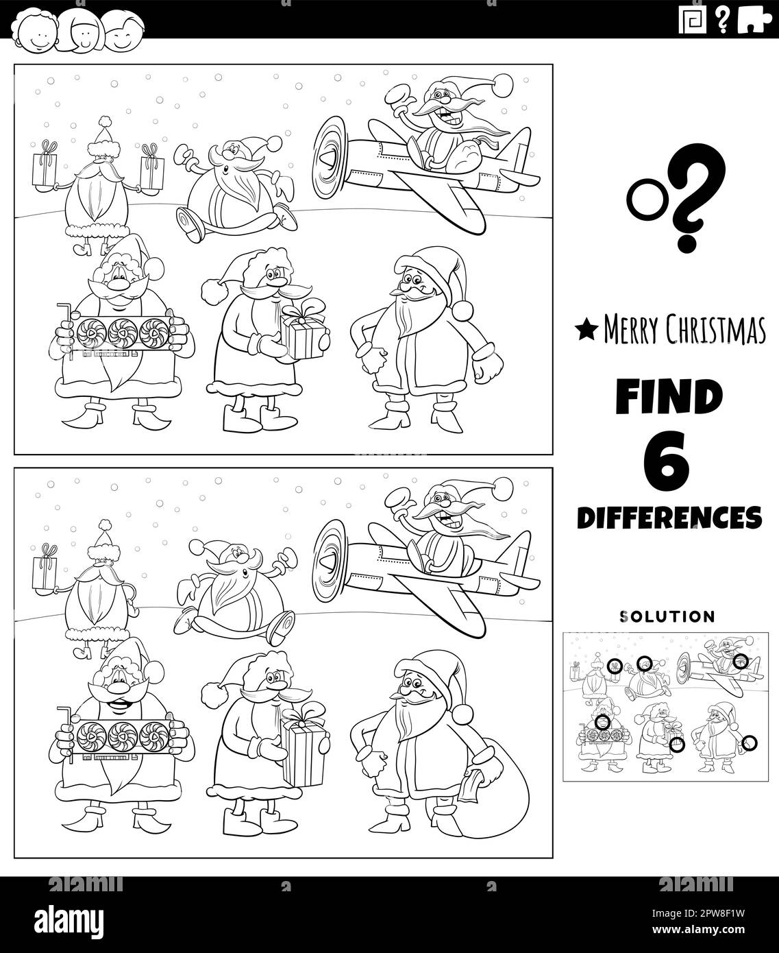 differences game with Santa Clauses characters coloring page Stock ... differences game with Santa Clauses characters coloring page Stock ...