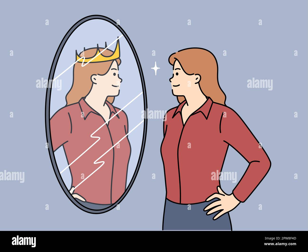 ambitious woman looks in mirror and sees own reflection with crown ...