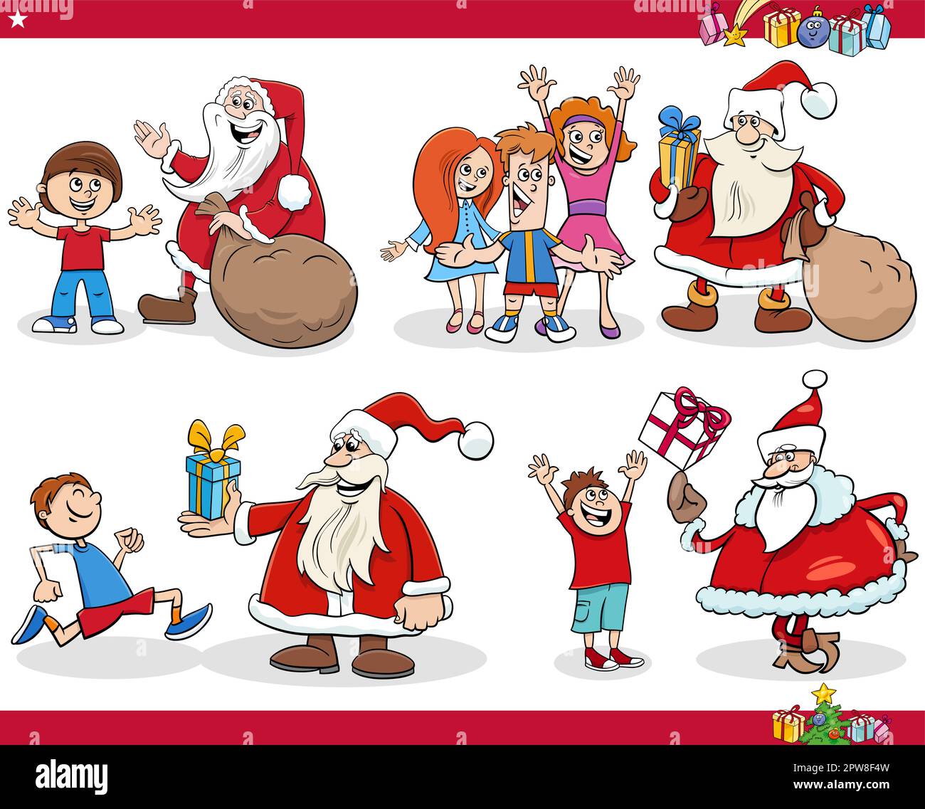 cartoon Santa Clauses giving Christmas gifts to kids Stock Vector Image ...