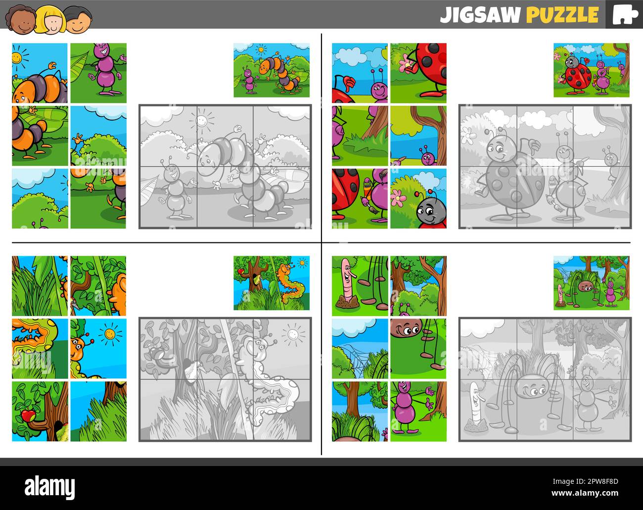 jigsaw puzzle game set with cartoon insects Stock Vector Image & Art ...