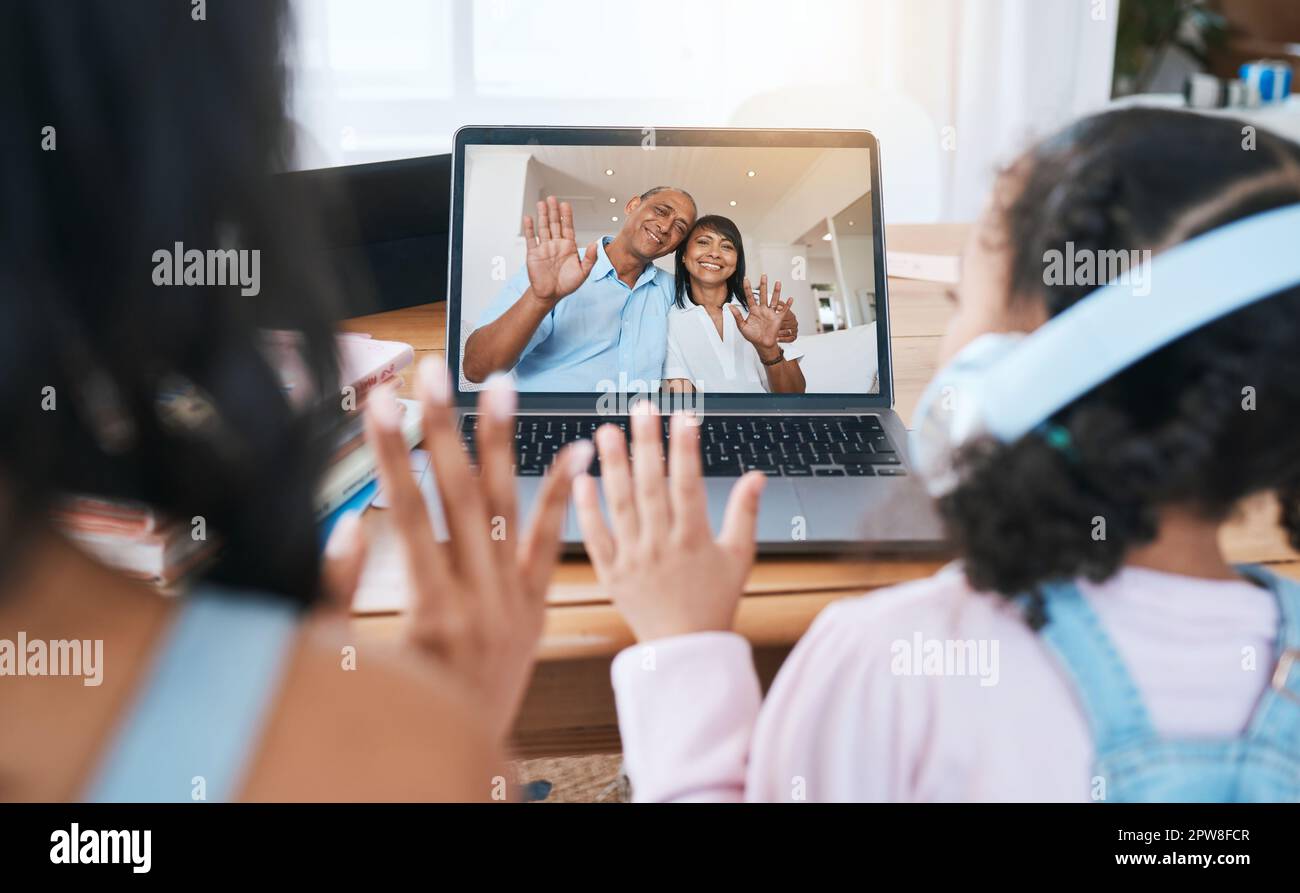 Laptop screen, video call and family with virtual communication, happy ...