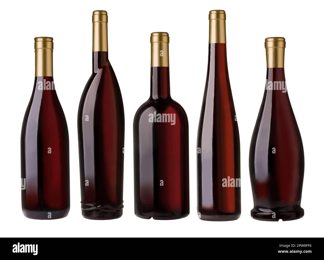 different shape red wine bottles isolated on white Stock Photo - Alamy