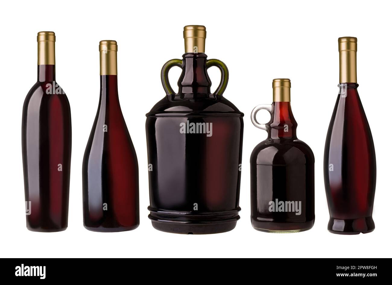 five red wine bottles isolated on white background Stock Photo - Alamy
