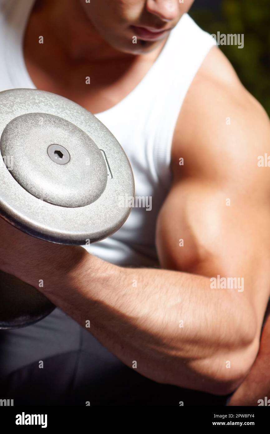 Arm muscle, dumbbell or fitness man, bodybuilder or health lifestyle person focus on ...