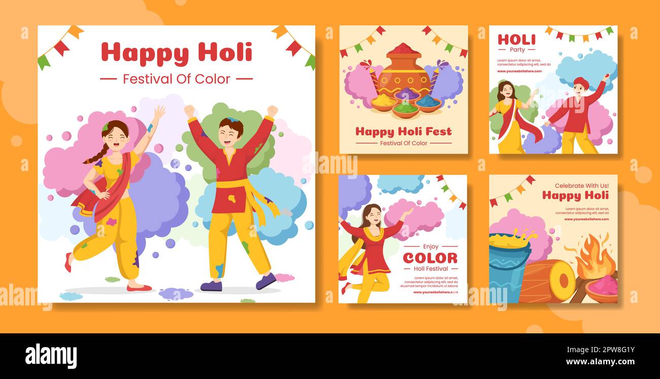 Happy Holi Festival Social Media Post Flat Cartoon Hand Drawn Templates ...