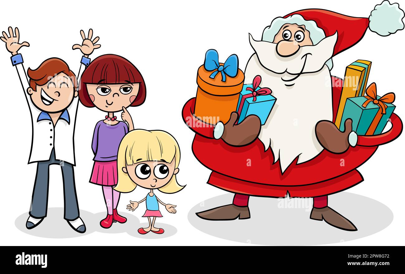 cartoon Santa Claus giving Christmas presents to children Stock Vector ...