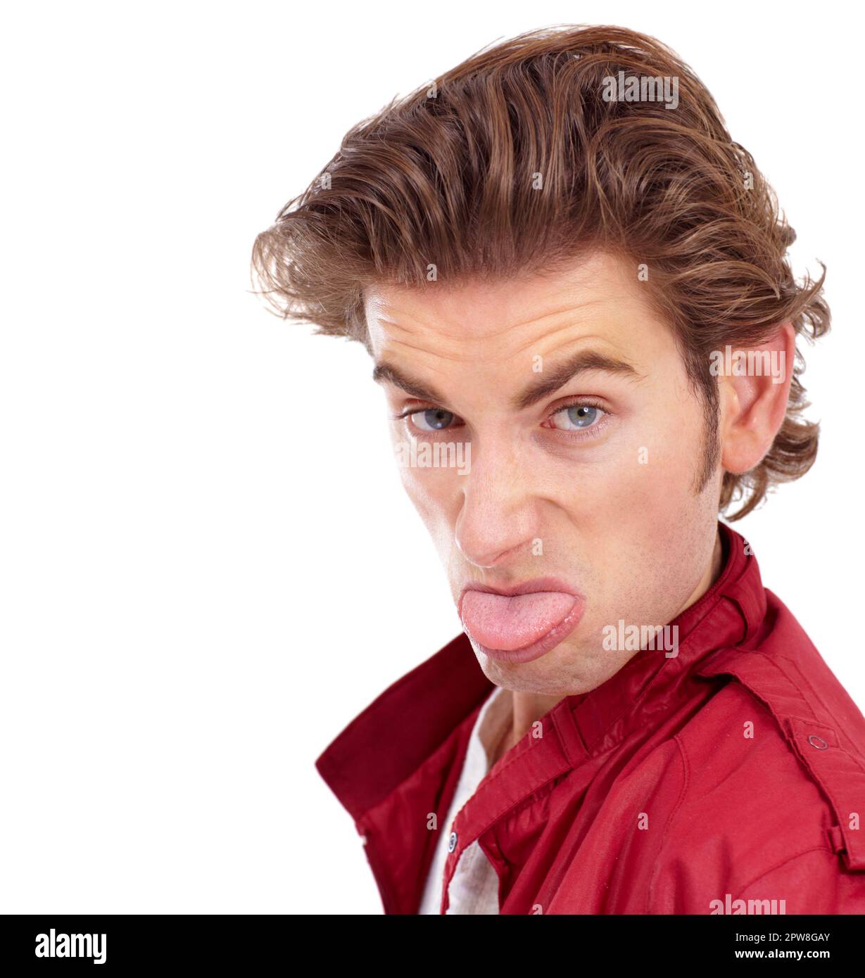 Portrait, funny and man with tongue out, silly and human isolated ...
