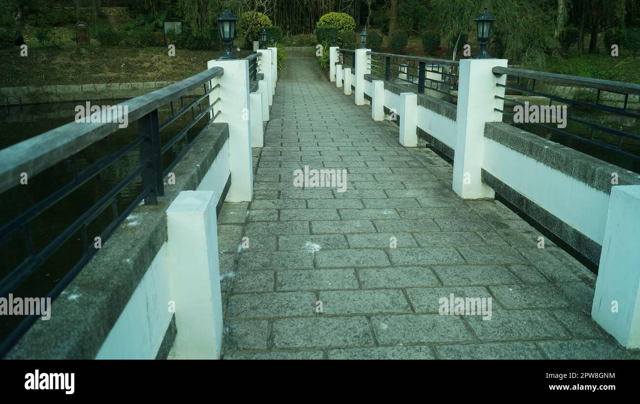 A bridge towards the public park in Hong Kong. Recreational path on the ...