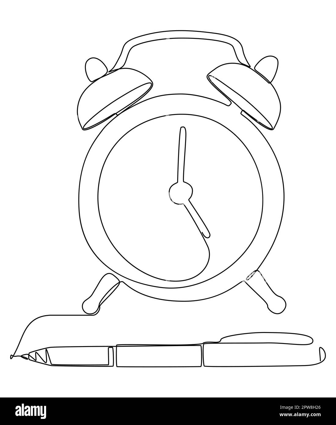 One continuous line of Alarm Clock drawn with a pencil, felt tip pen ...