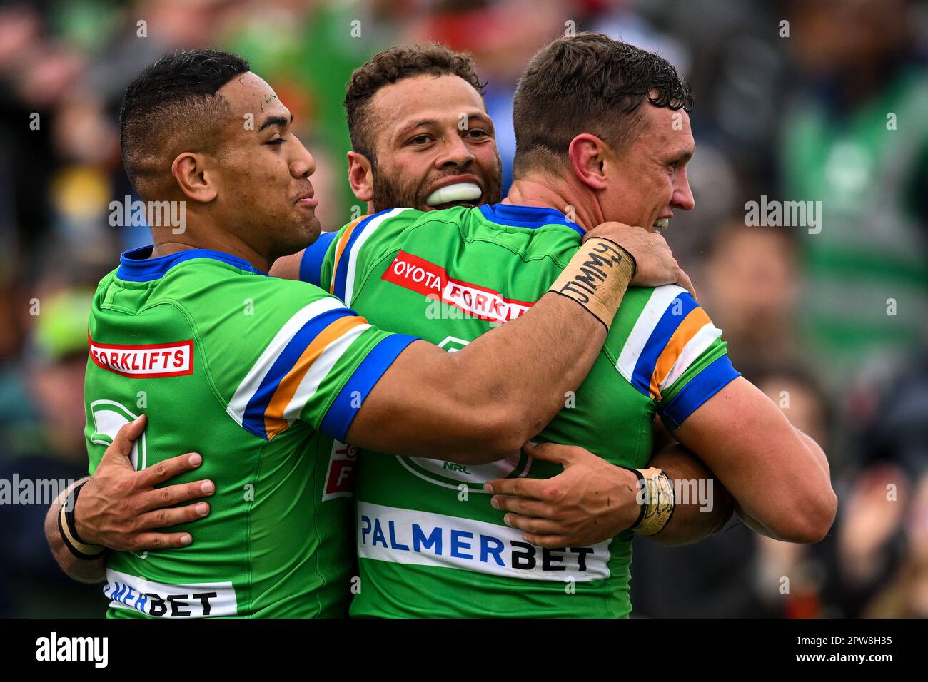 Sebastian Kris of the Raiders celebrates with team mates after scoring ...