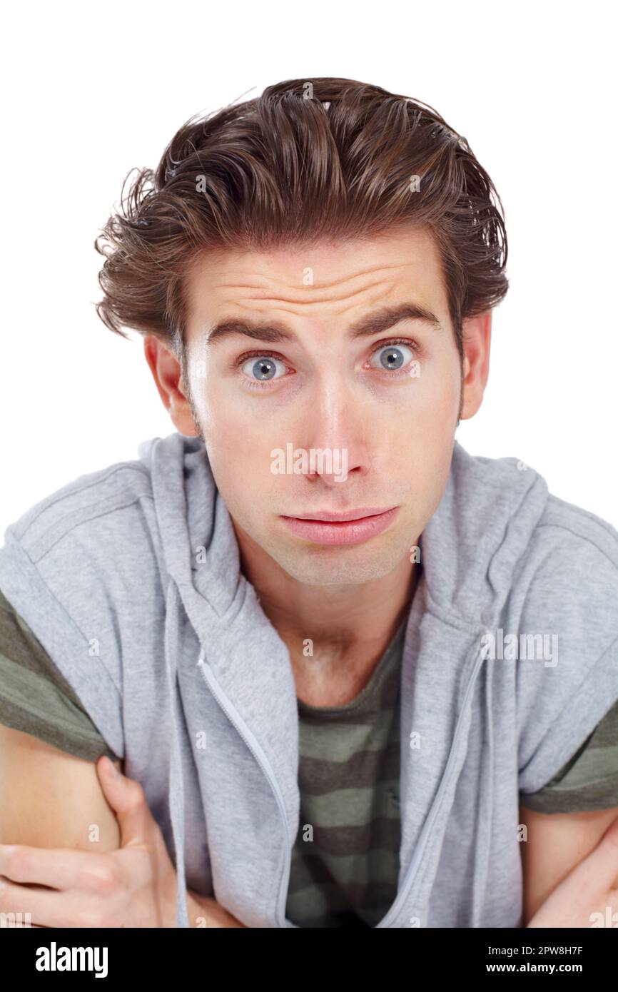 Anxiety, shocked and portrait of man in studio for surprise, worry and ...