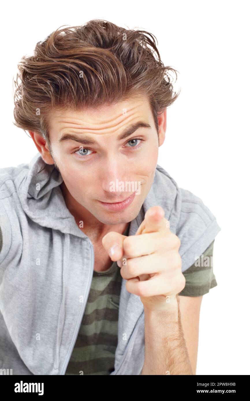 Face, portrait of man pointing and in a white background. Encouragement ...