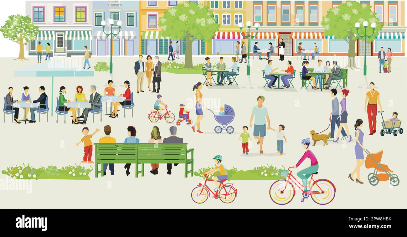 City silhouette with people at leisure in residential area, restaurants ...