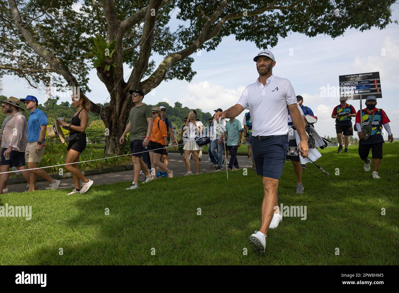 Captain Dustin Johnson of 4Aces GC walks to the fifth hole during the ...