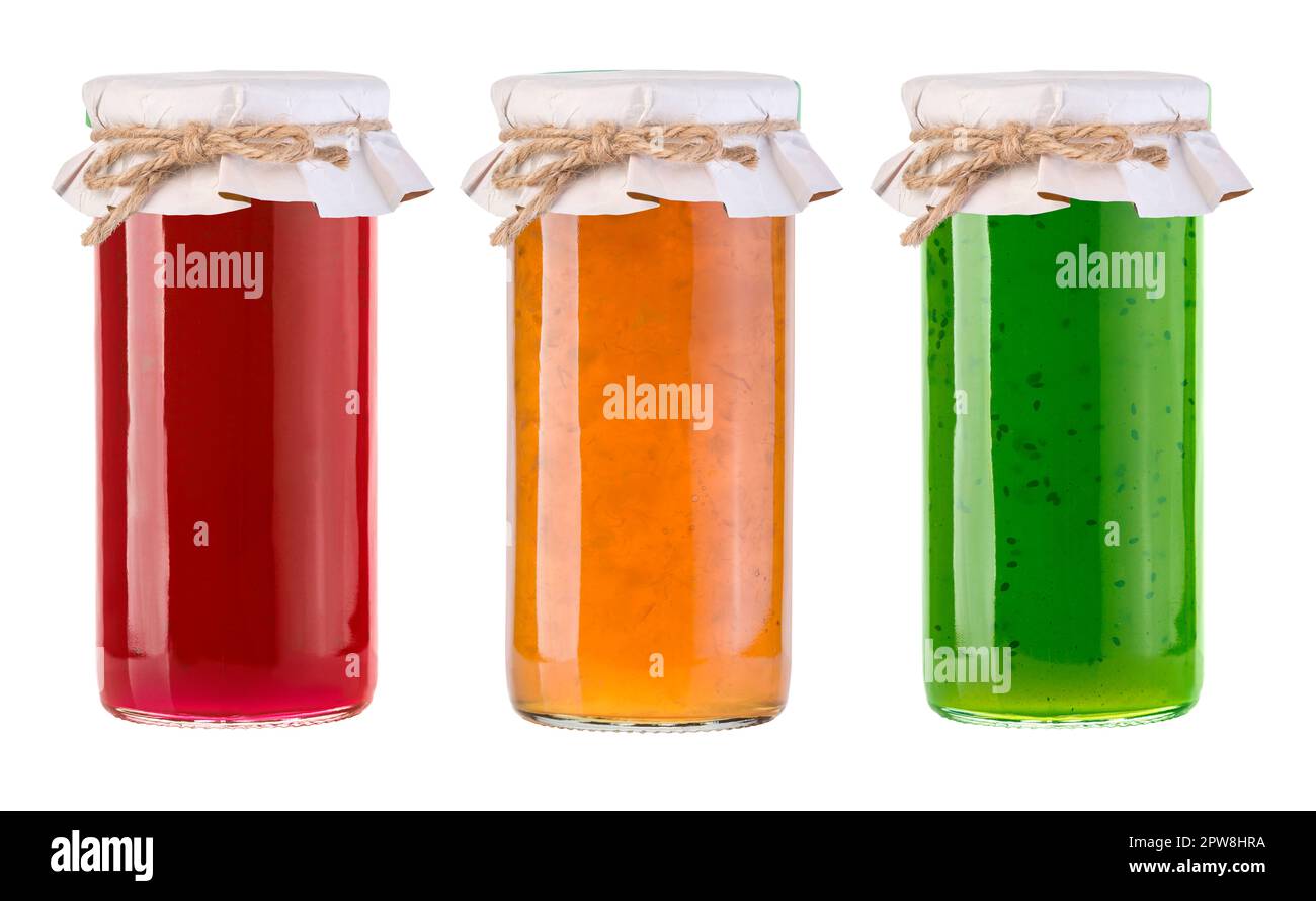 Jars of fruity jams isolated on white background. Preserved fruits ...