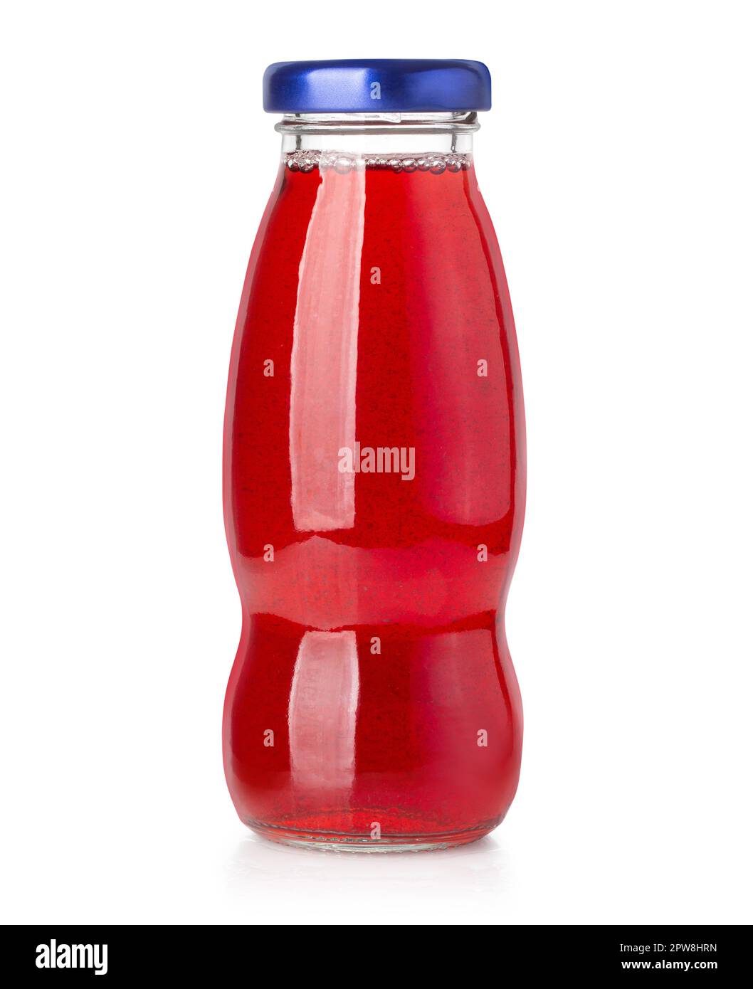 small glass bottle with red juice isolated on white background with ...