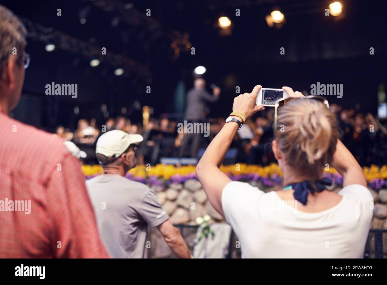Music, camera and party with woman at festival for stage picture ...