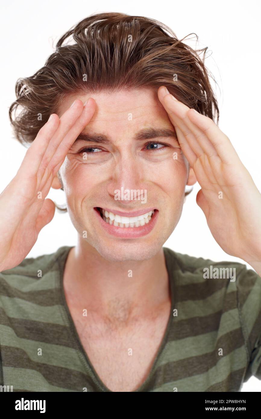 Man, frustrated and regret mistake in studio with thinking, memory and ...