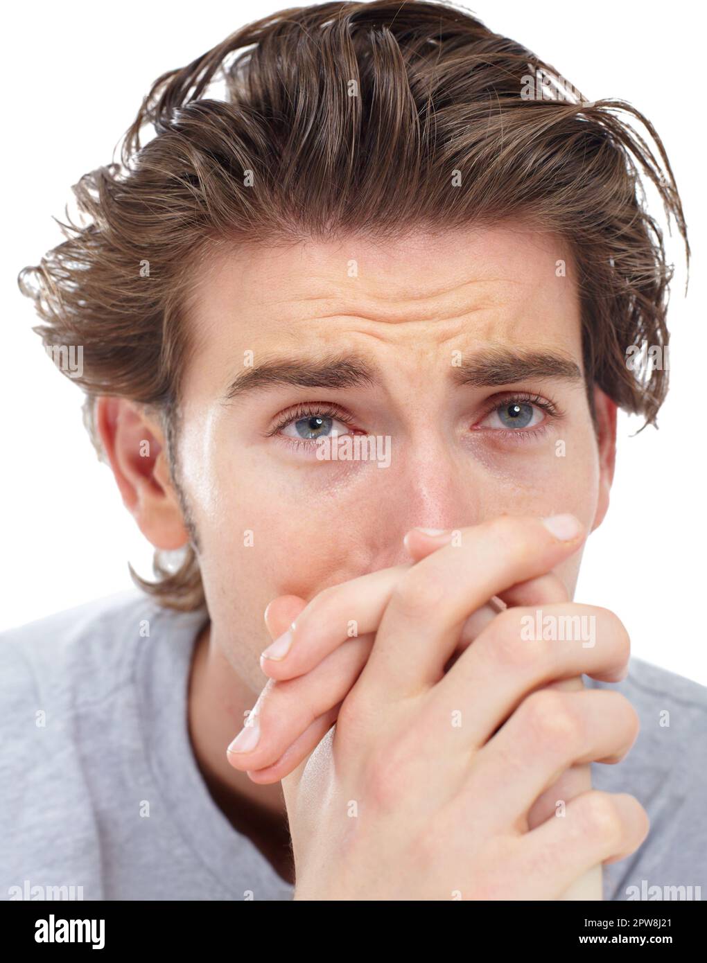 Man, depressed crying and hands in studio with mental health problem ...