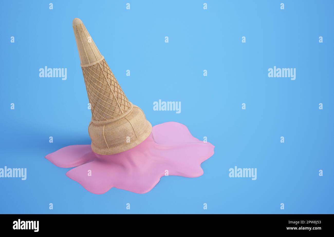 Dropped ice cream. Pink melted ice cream on blue surface. 3D ...