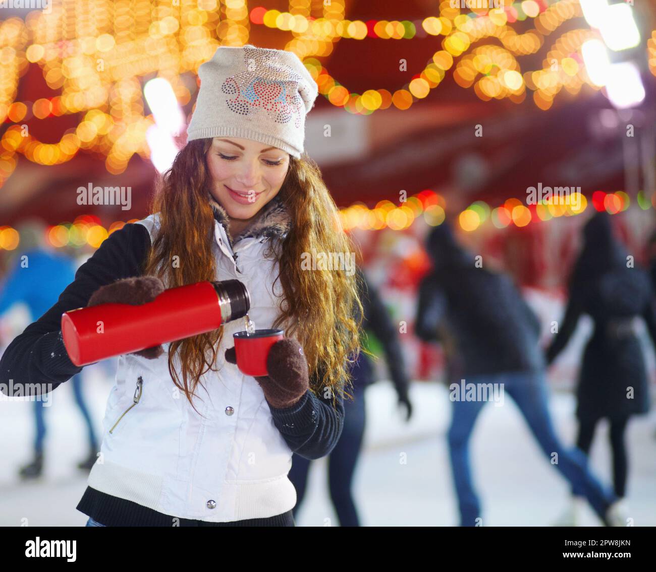 Outdoor, winter and woman with coffee, smile and cold with beverage ...