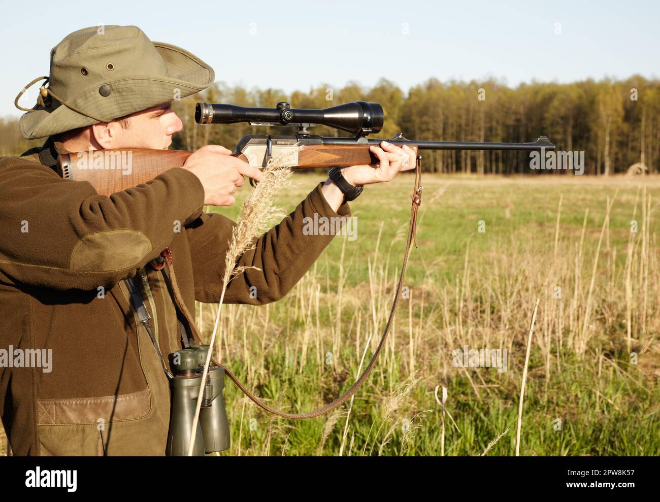 Hunting, rifle and target with a ranger man aiming a weapon on a field ...