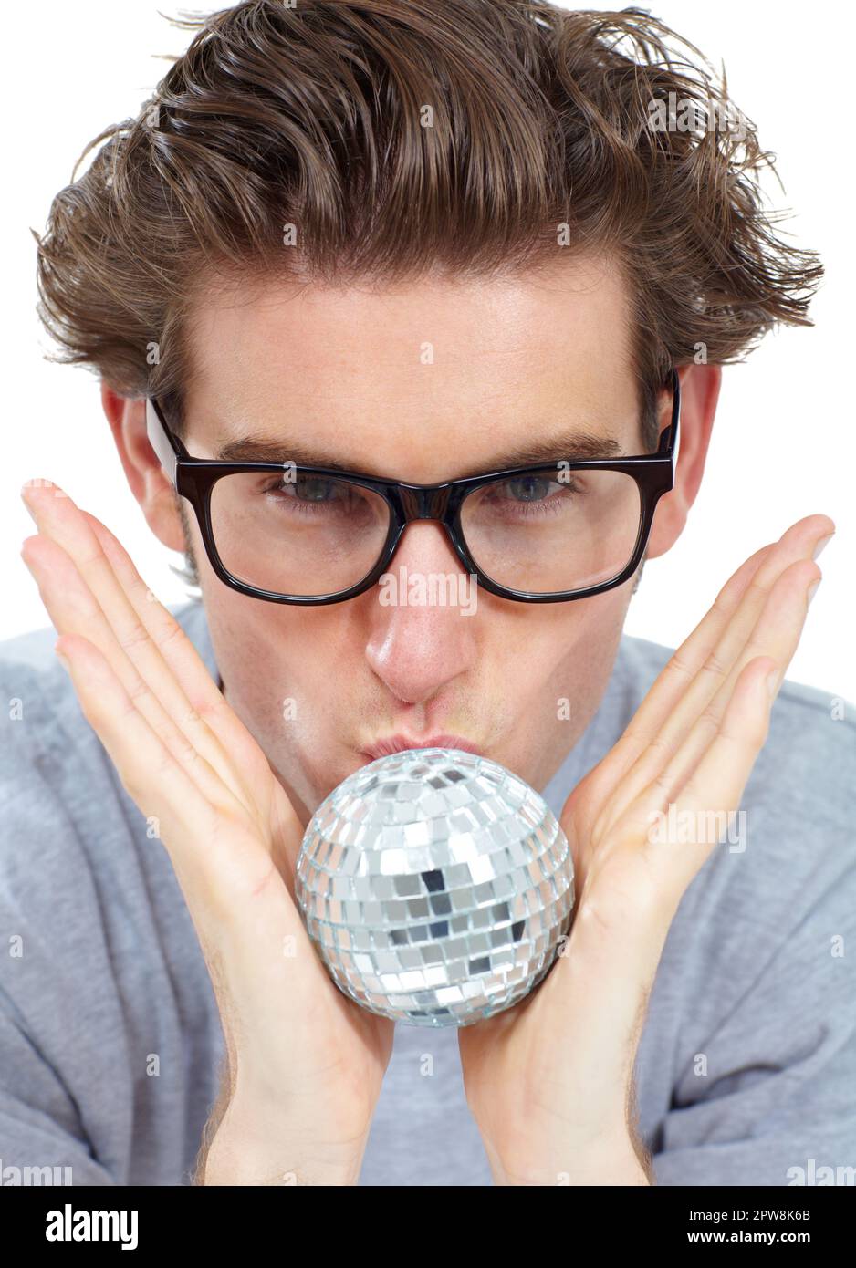 Disco ball, kiss and portrait of a man with celebration, party and ...