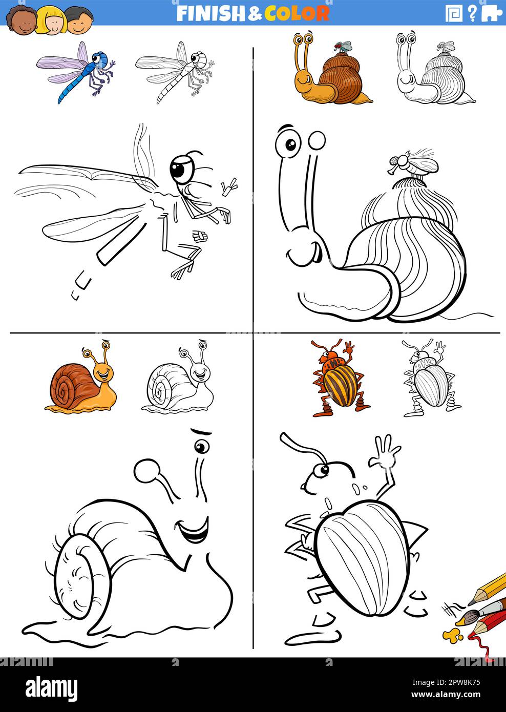 drawing and coloring worksheets set with funny animals Stock Vector ...